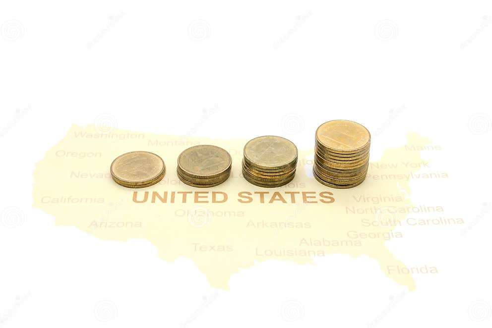 Coins on map American stock image. Image of american - 137377923
