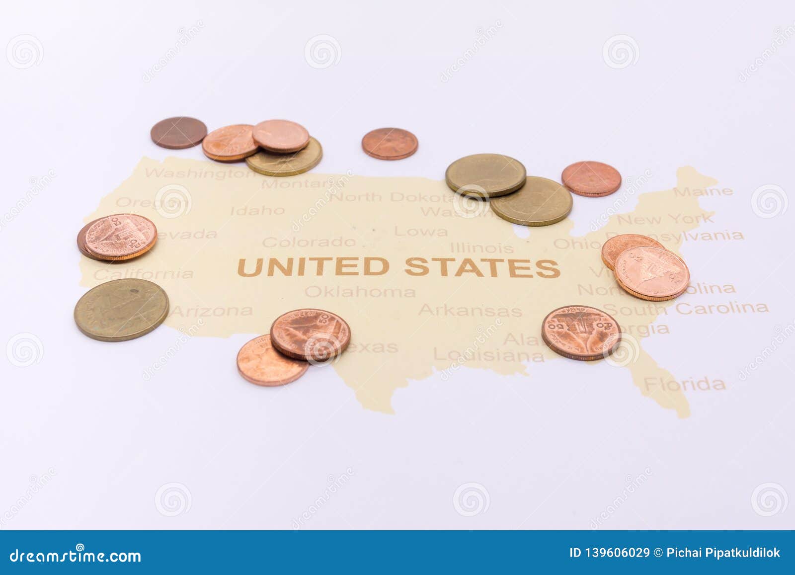 Coins on map American stock image. Image of exchange - 139606029