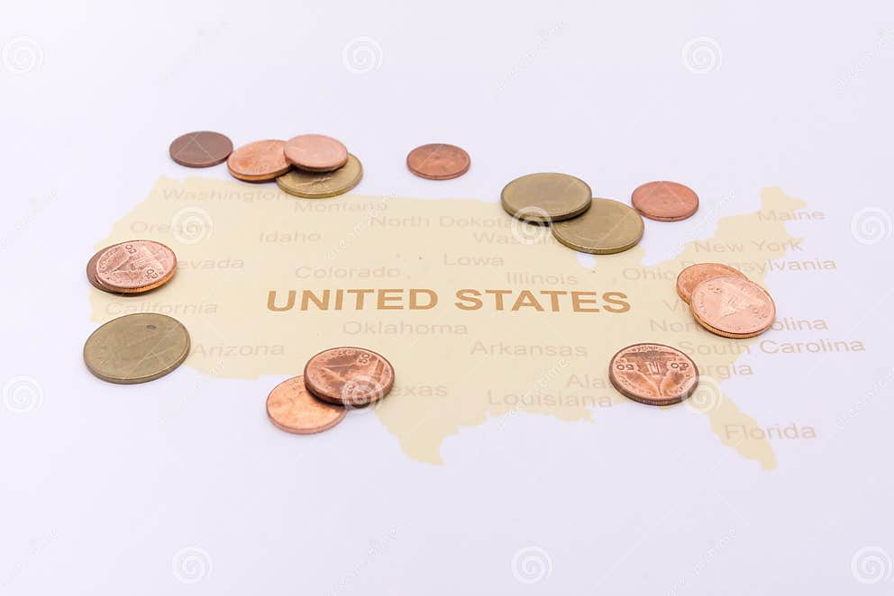Coins on map American stock image. Image of exchange - 139606029