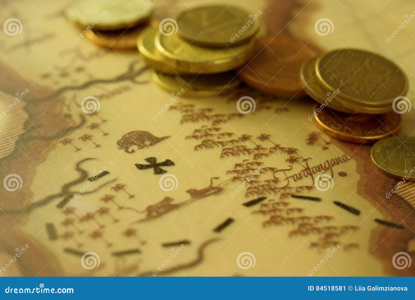 Coins on the map stock image. Image of discover, brass - 84518581
