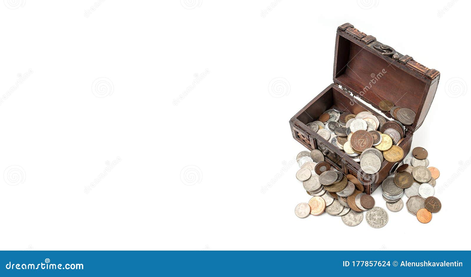 Coins in old retro box stock photo. Image of economy - 177857624