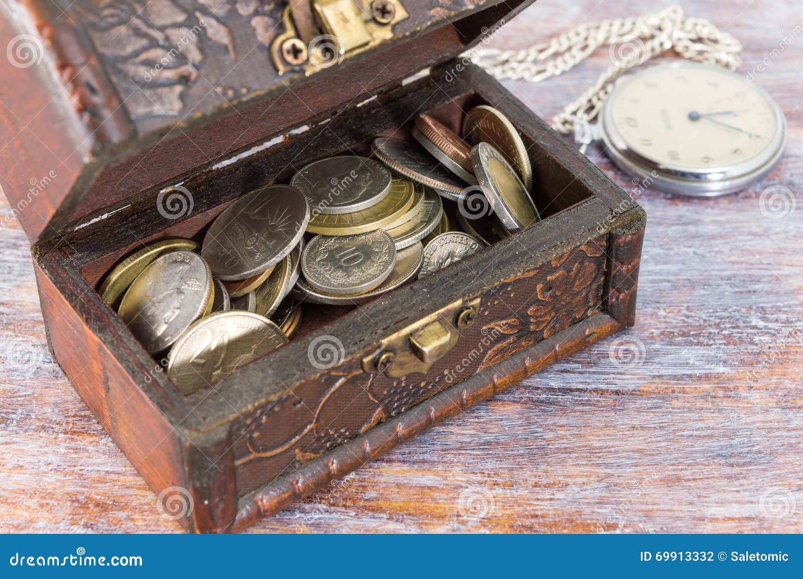 Coins in an old wooden box stock photo. Image of cash - 69913332