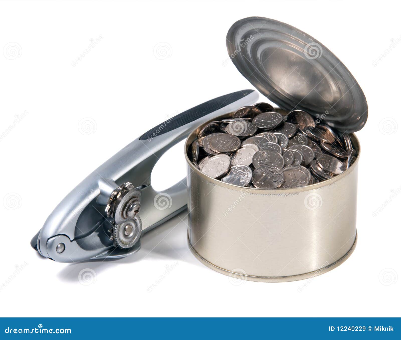 Coins in the Open Can with the Can Opener Stock Image - Image of ...