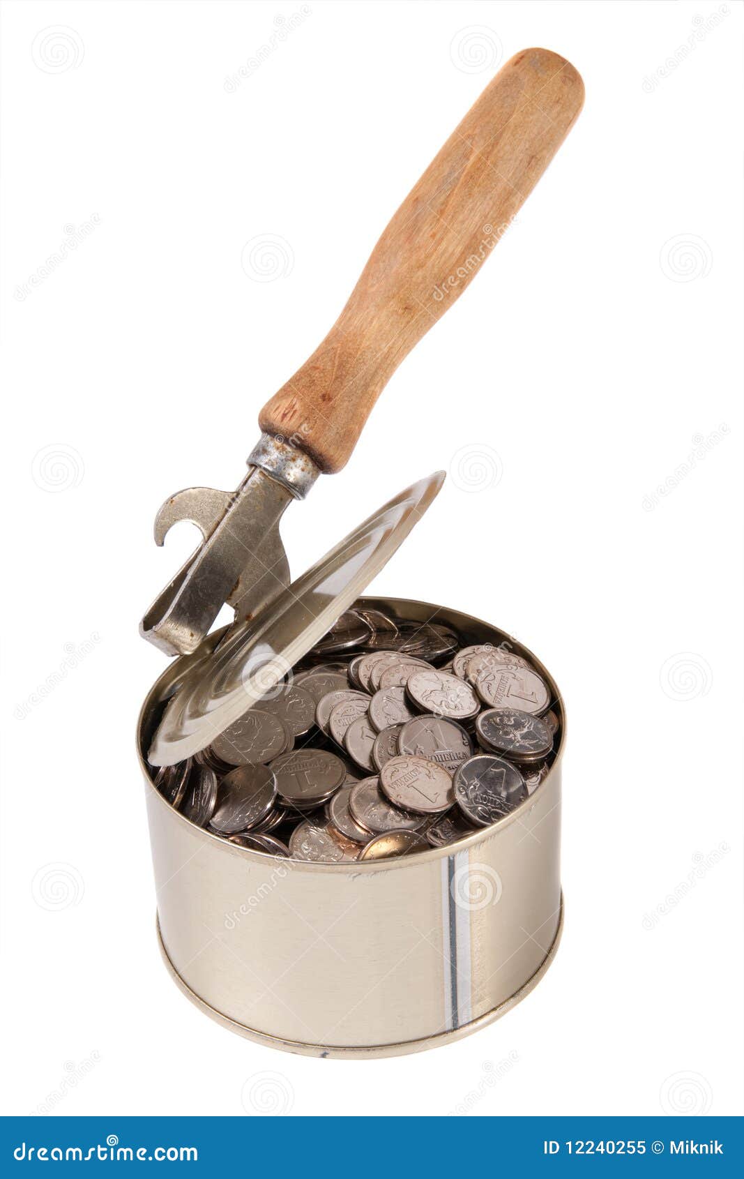 Coins in the Open Can with the Can Opener Stock Image - Image of white ...