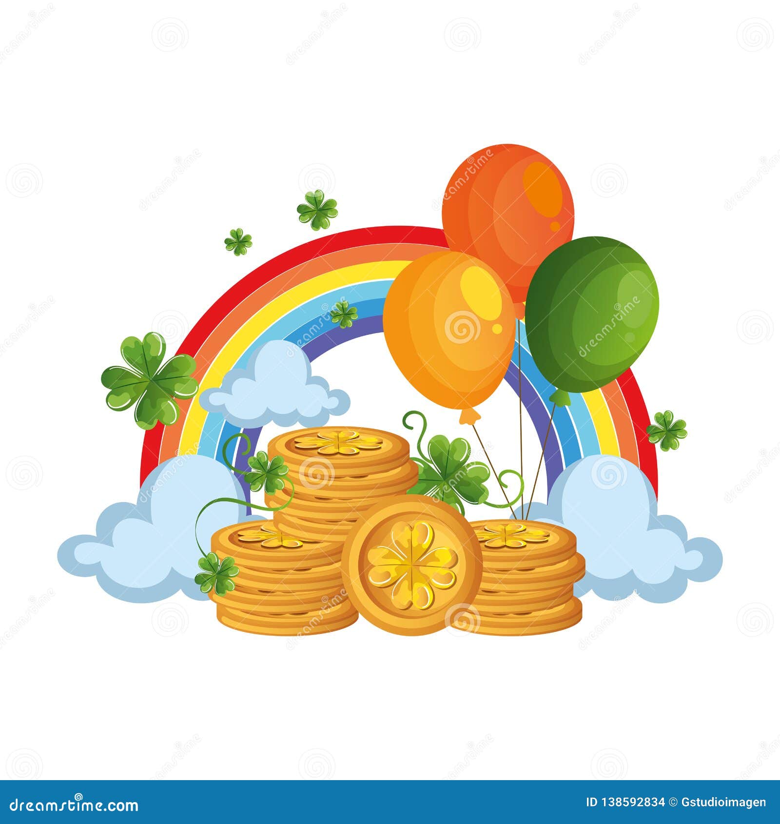 Coins Pile with Balloons Helium and Rainbow Stock Vector - Illustration ...