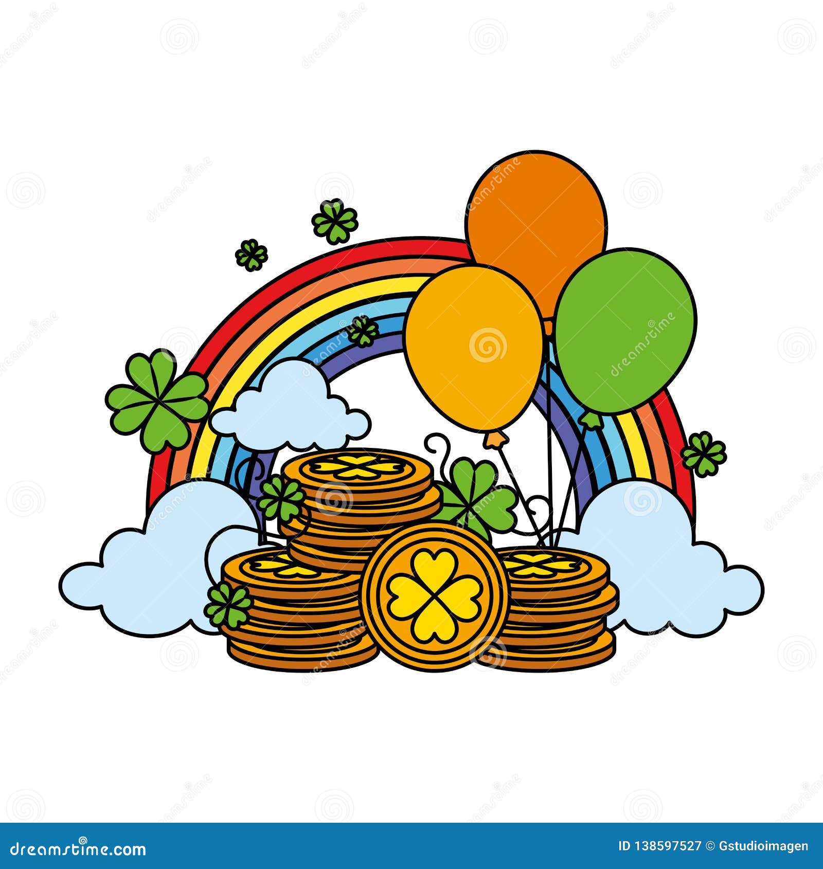 Coins Pile with Balloons Helium and Rainbow Stock Vector - Illustration ...