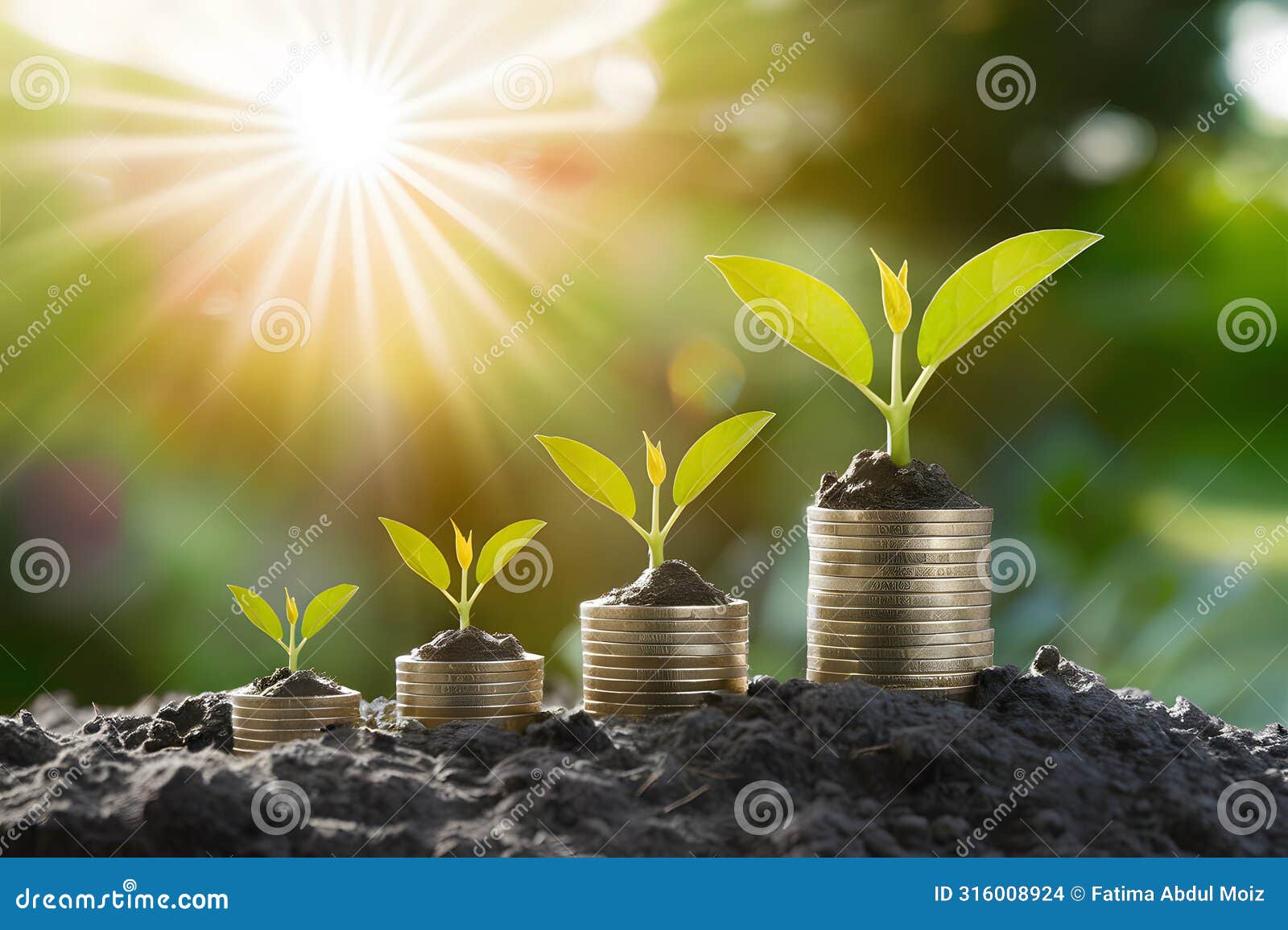 Coins and Plants in Sunlight Signify Growth and Prosperity Stock ...