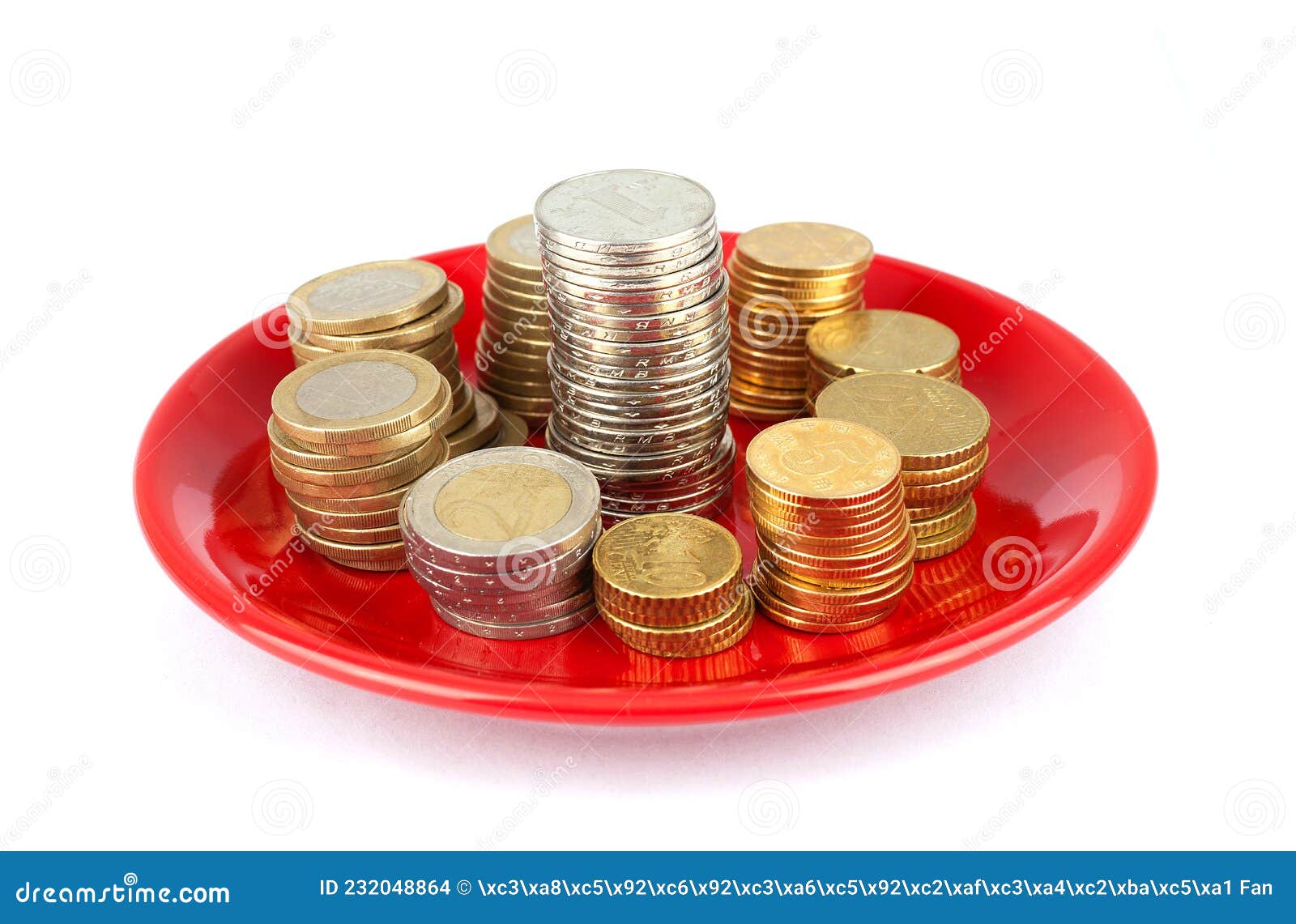 Coins on the Plate on White Stock Photo - Image of concept, white ...