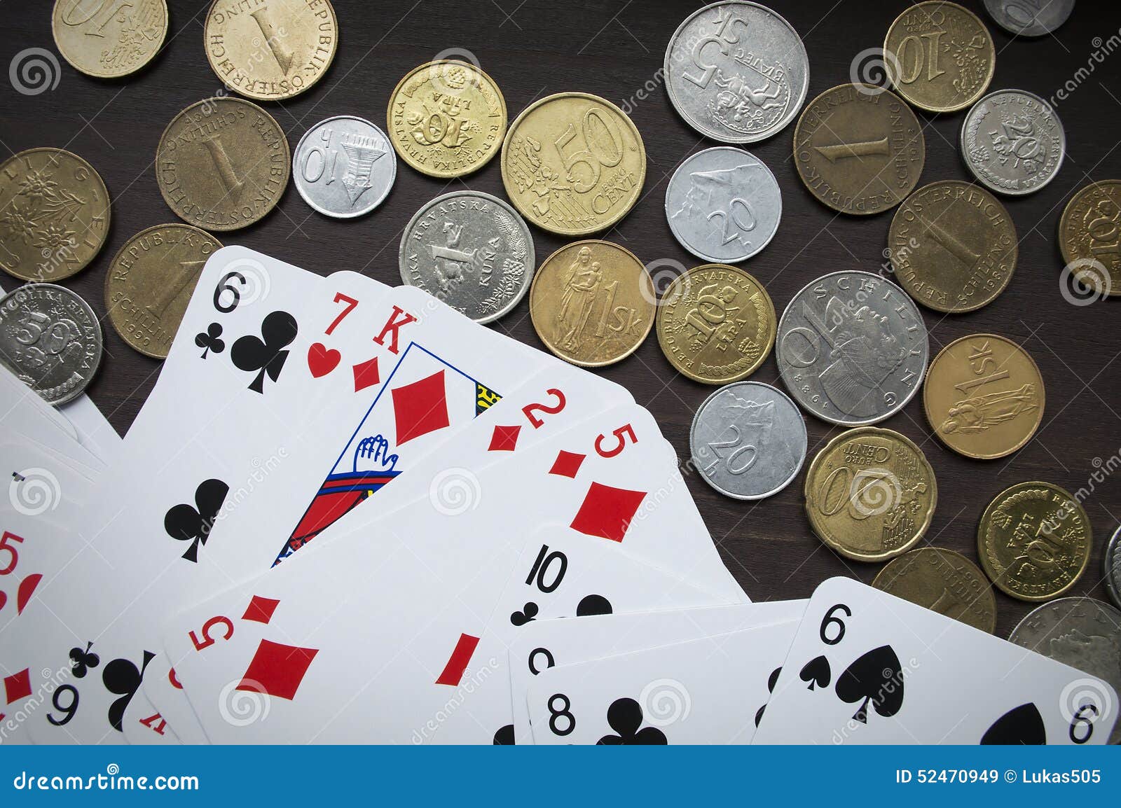 Coins and Playing Cards Top View Stock Image - Image of cent, four ...