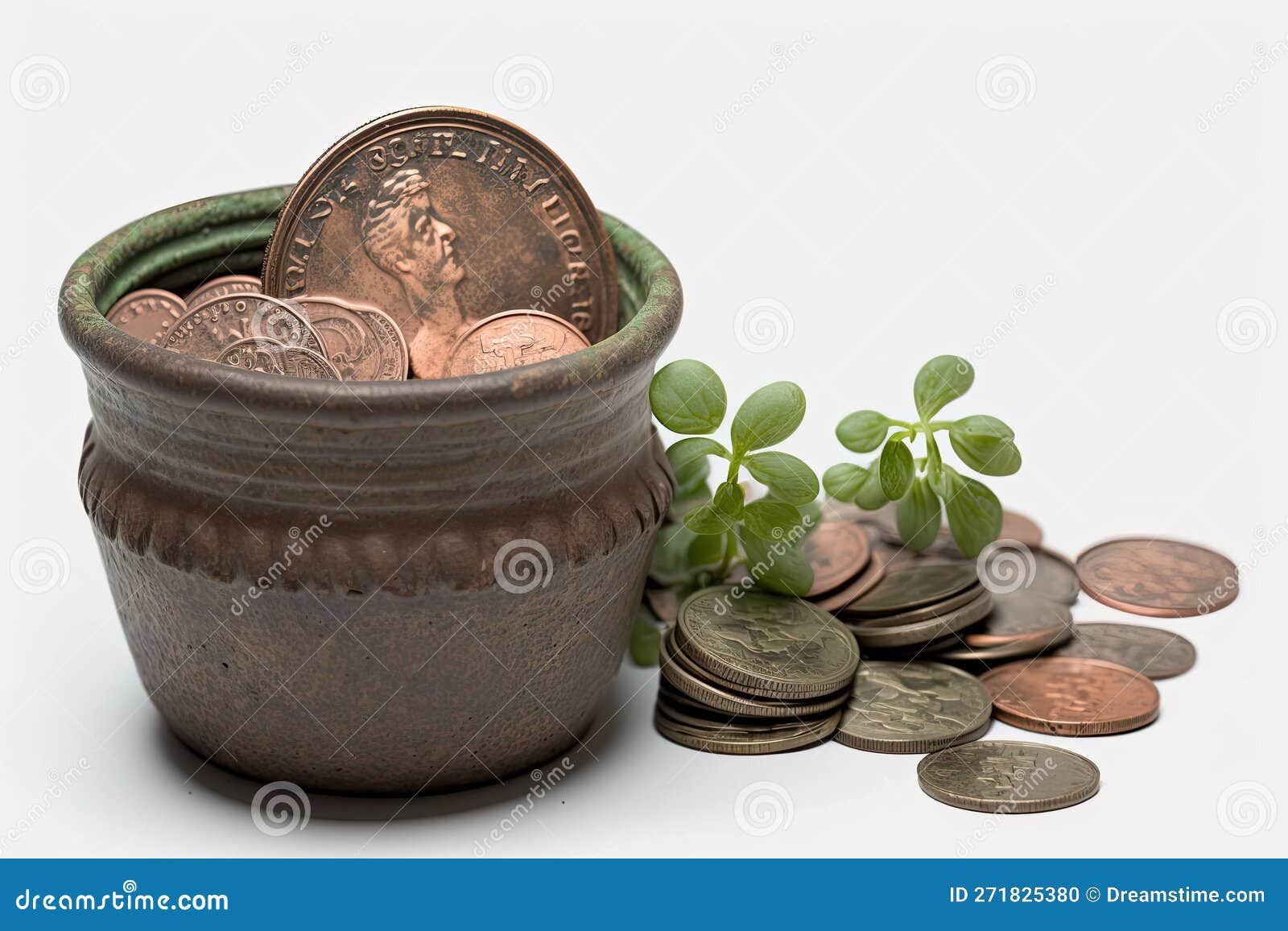 Coins in a Pot, Contrasting Against a White Background Stock ...