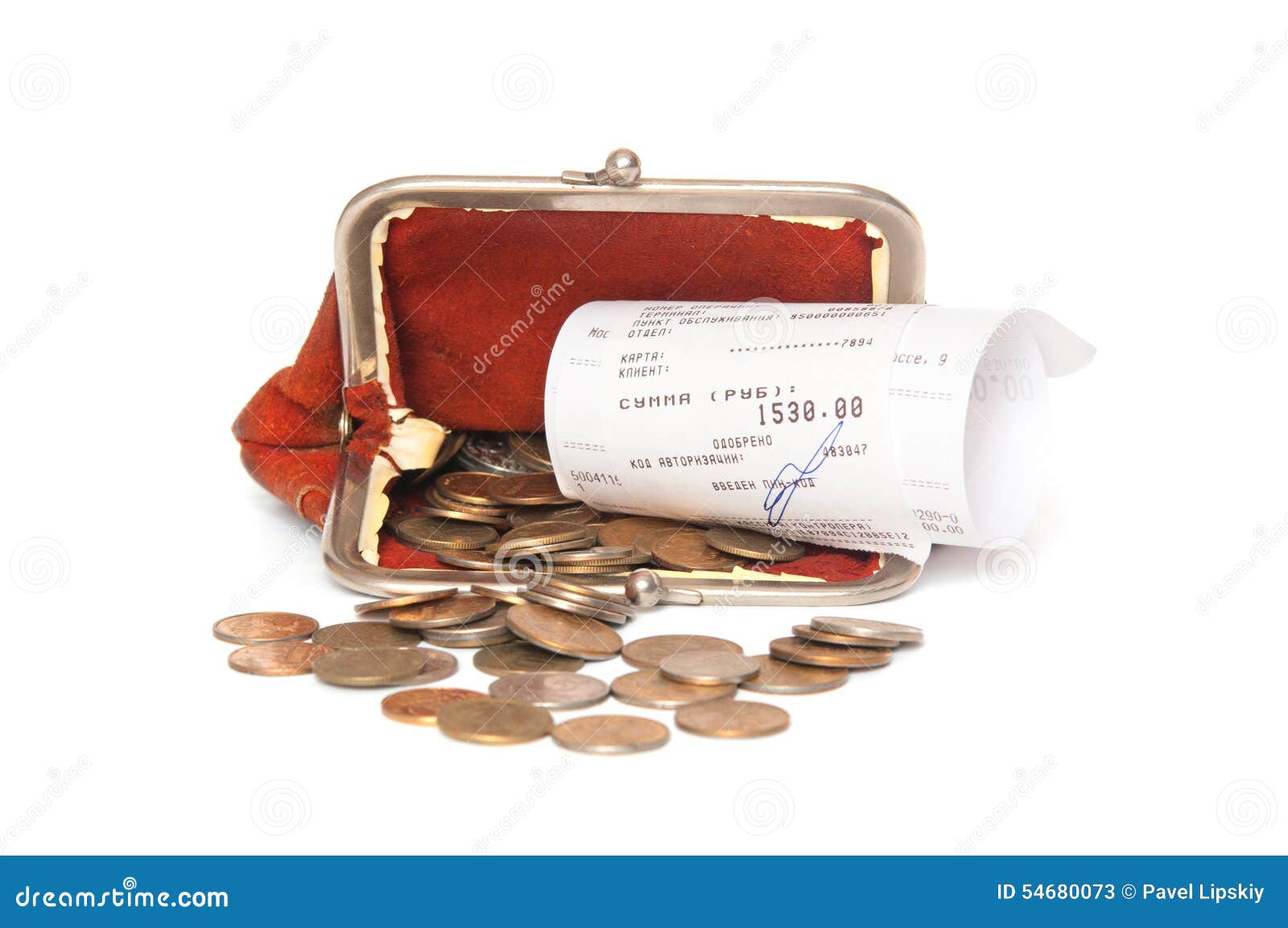 Coins, purse and receipt stock image. Image of bill, purchased - 54680073