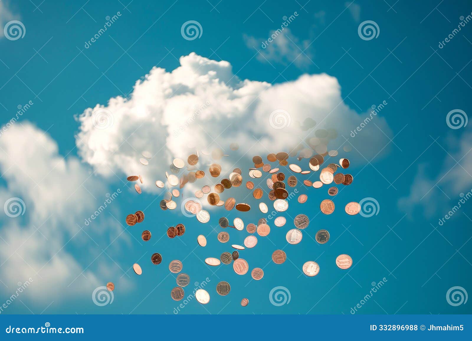 Coins raining from a cloud stock illustration. Illustration of line ...