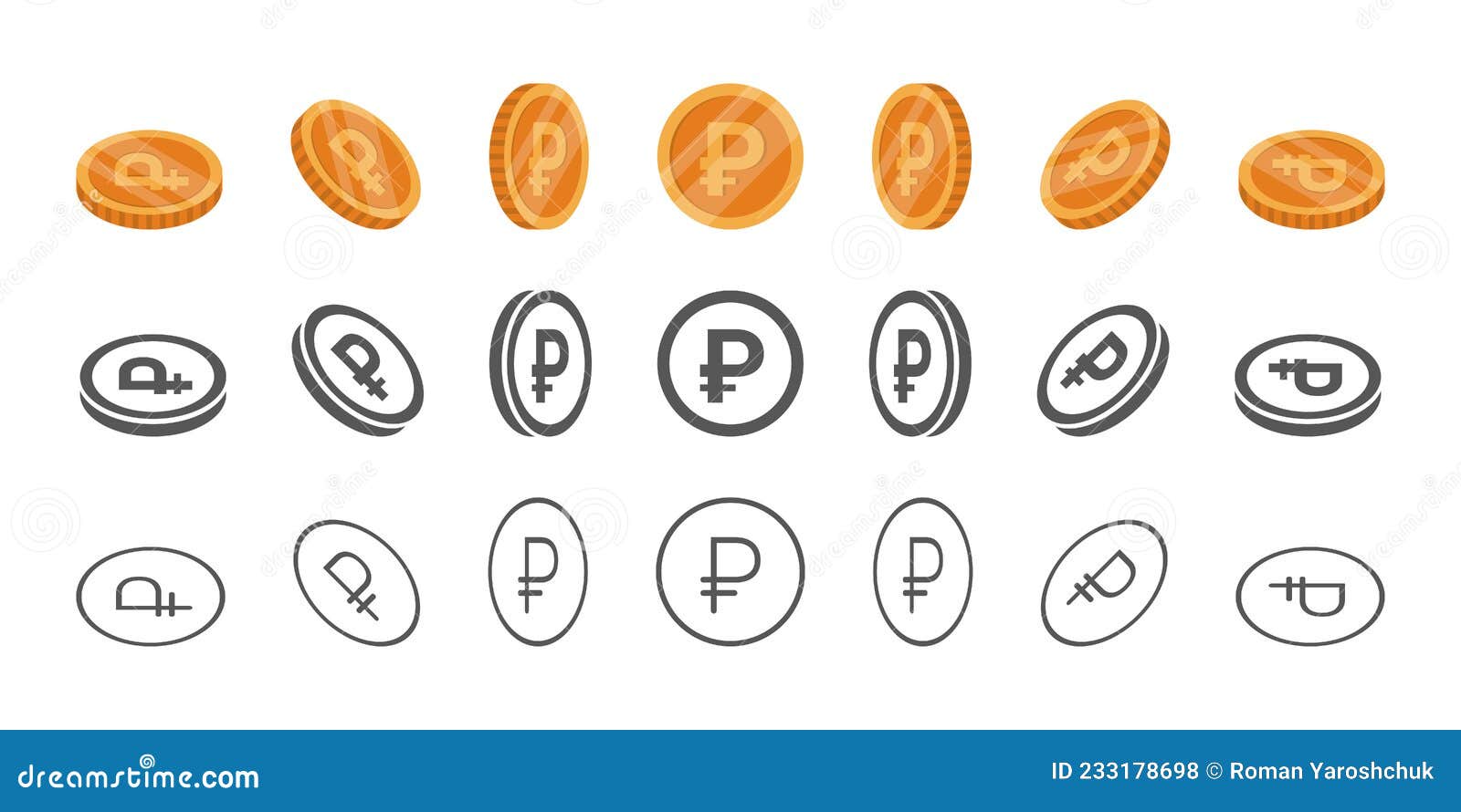 Coins Roubles. Rotation of Icons at Different Angles for Animation ...