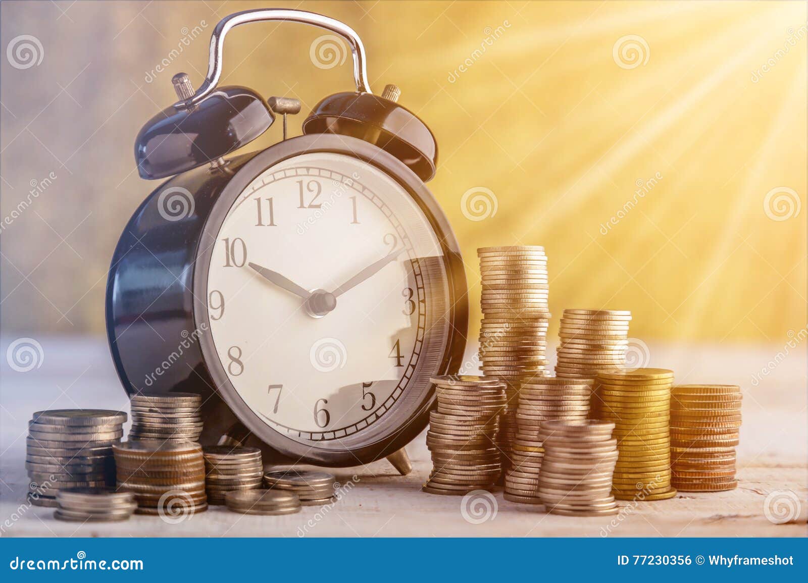 Coins Stack and Alarm Clock Stock Photo - Image of costs, coins: 77230356