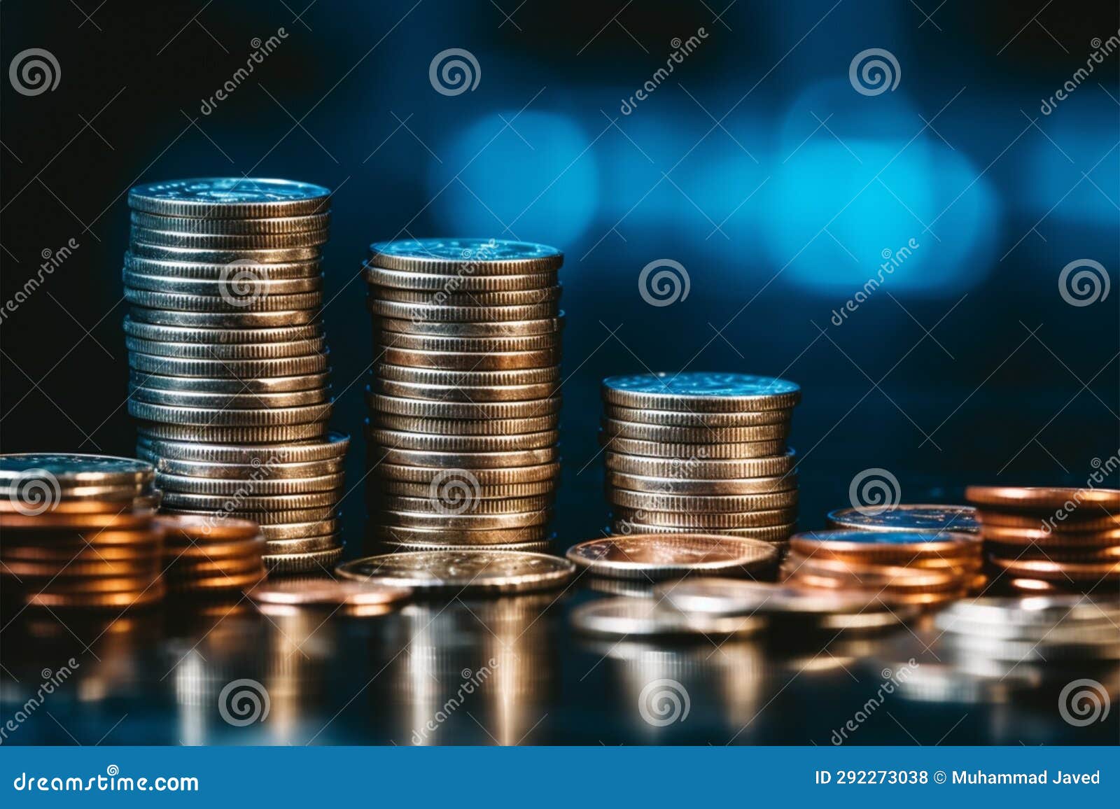 Coins and Stack in Close Up, Against Black Background with Blue Filter ...