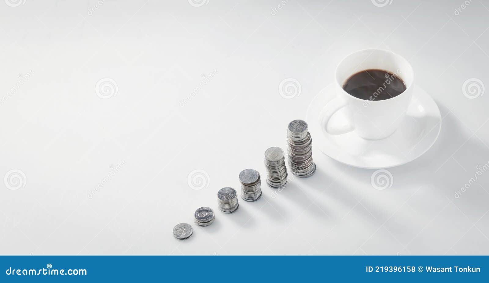 Coins Stack with a Coffee Cup Stock Photo - Image of black, background ...