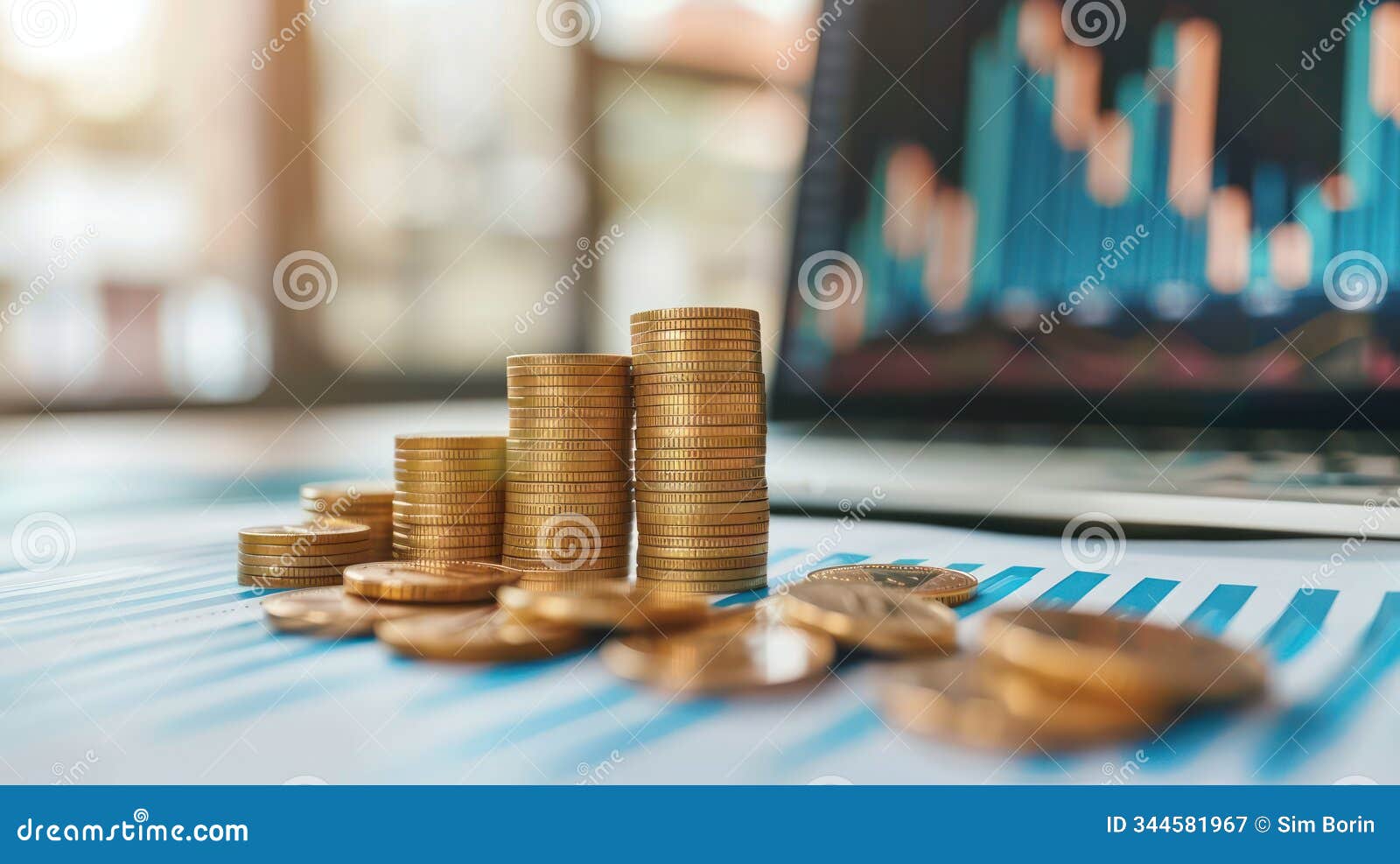 Coins Stack Growth Chart with Blur Laptop Stock Illustration ...