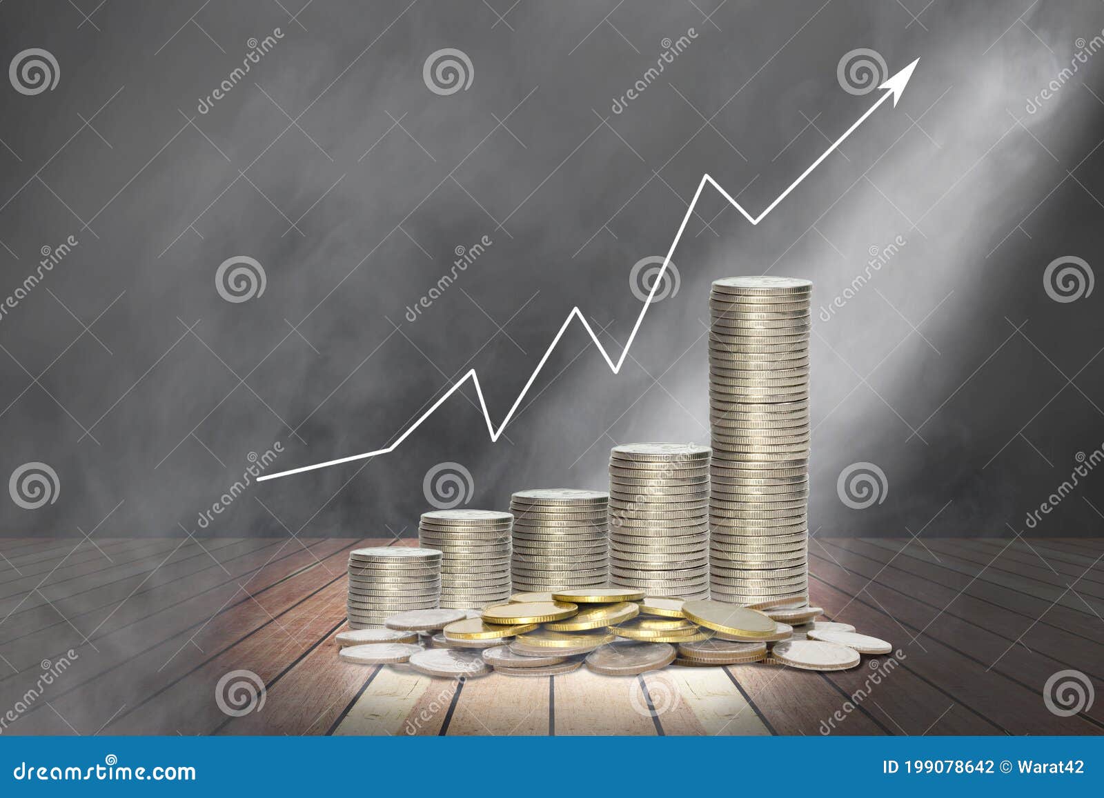 Coins Stack with Lighting and Smoke on Wooden Stage and Chart of ...