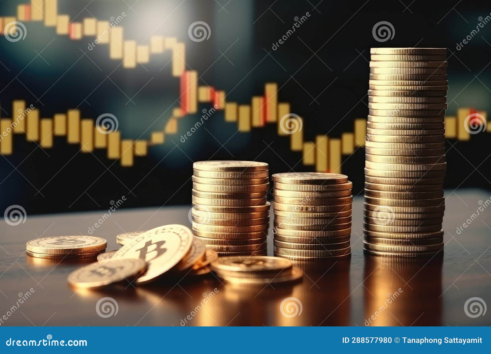 Coins Stacked on Each Other on the Background of the Stock Chart Stock ...
