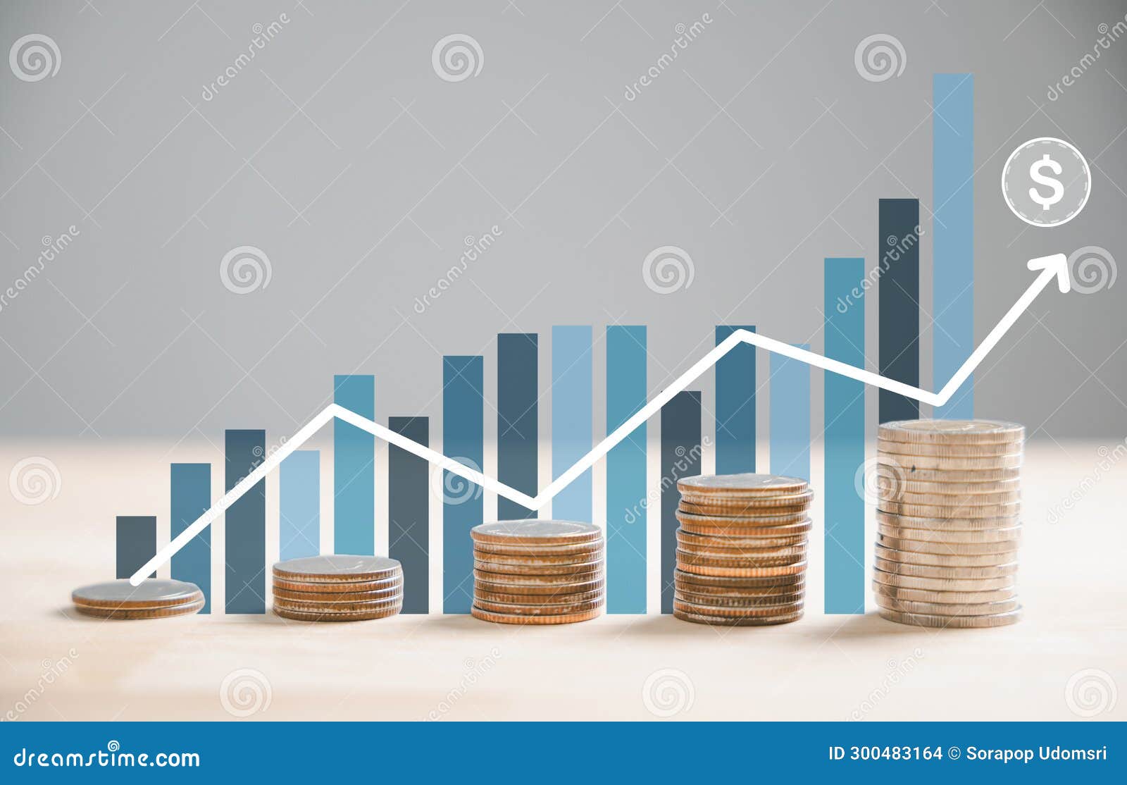 Coins Stacking with White Up Arrow and Percentage Stock Photo - Image ...