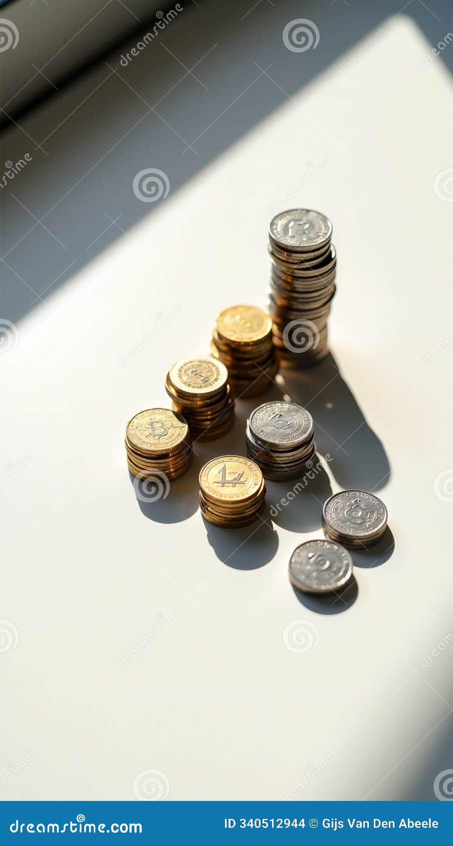 Coins Stacks Cast Long Shadows on White Surface Symbolizing Wealth and ...