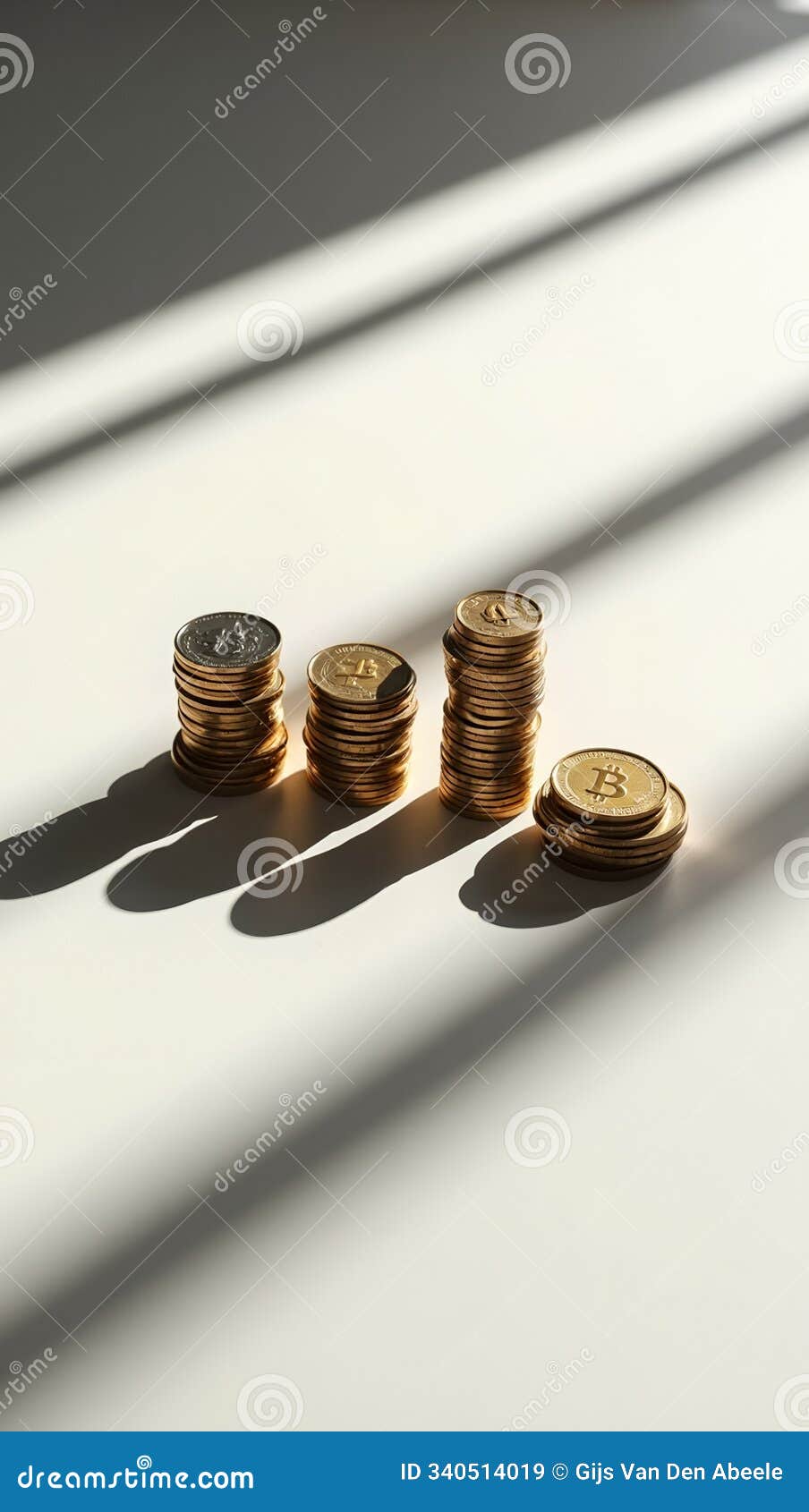 Coins Stacks Cast Long Shadows on White Surface Symbolizing Wealth and ...