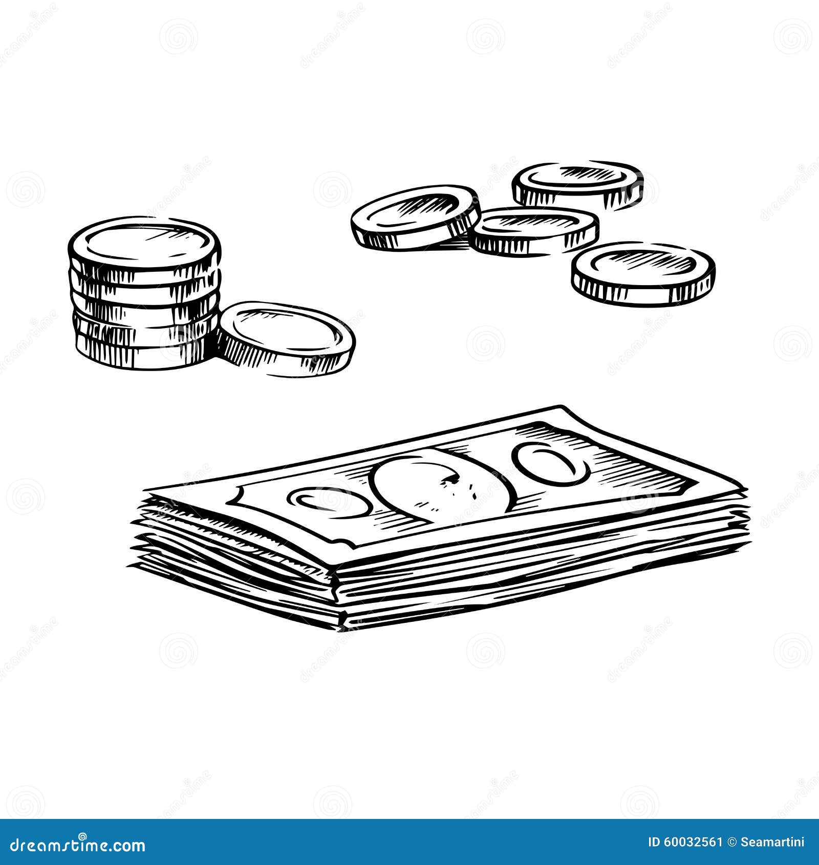 Coins and Stacks of Dollar Bills Sketches Stock Vector - Illustration ...