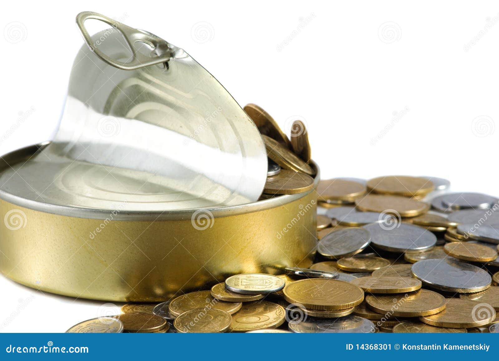 Coins in a tin can . stock image. Image of metal, money - 14368301