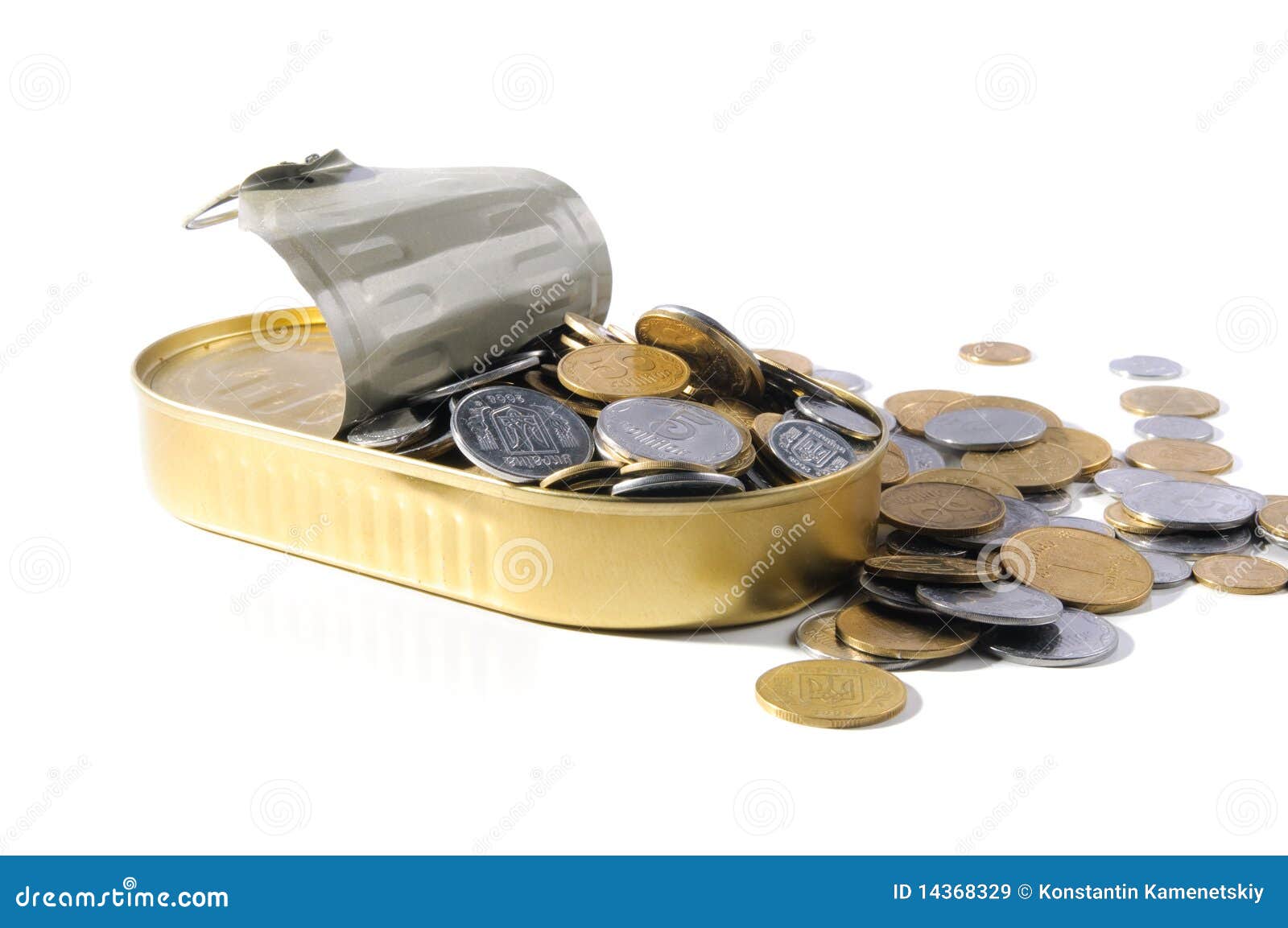 Coins in a tin can . stock image. Image of reflection - 14368329