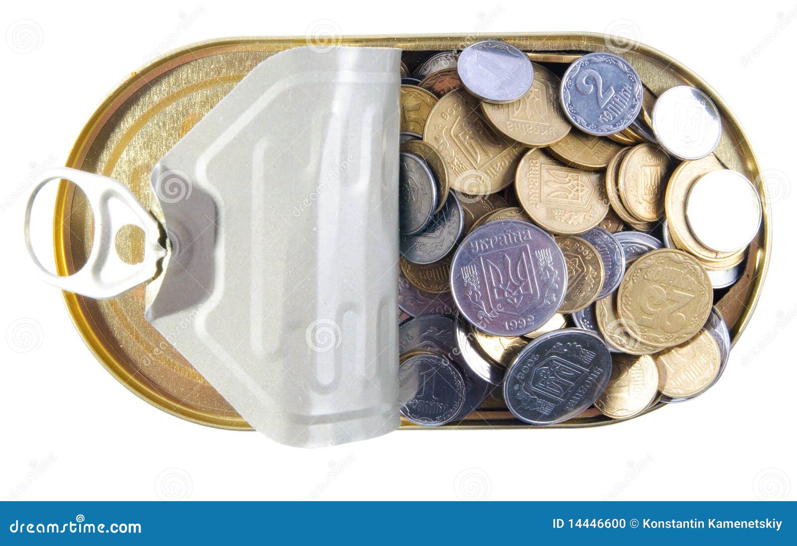 Coins in a tin can . stock photo. Image of color, copper - 14446600