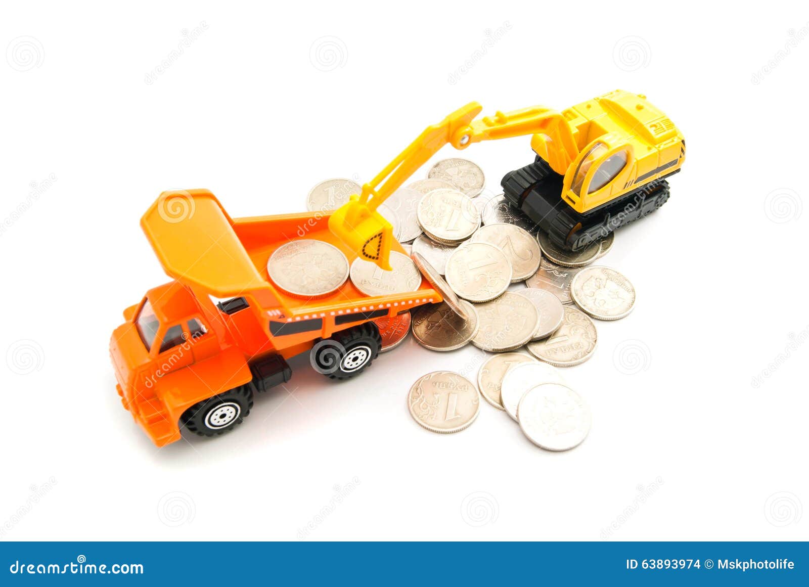 Coins, Truck and Yellow Backhoe Stock Photo - Image of movement, save ...