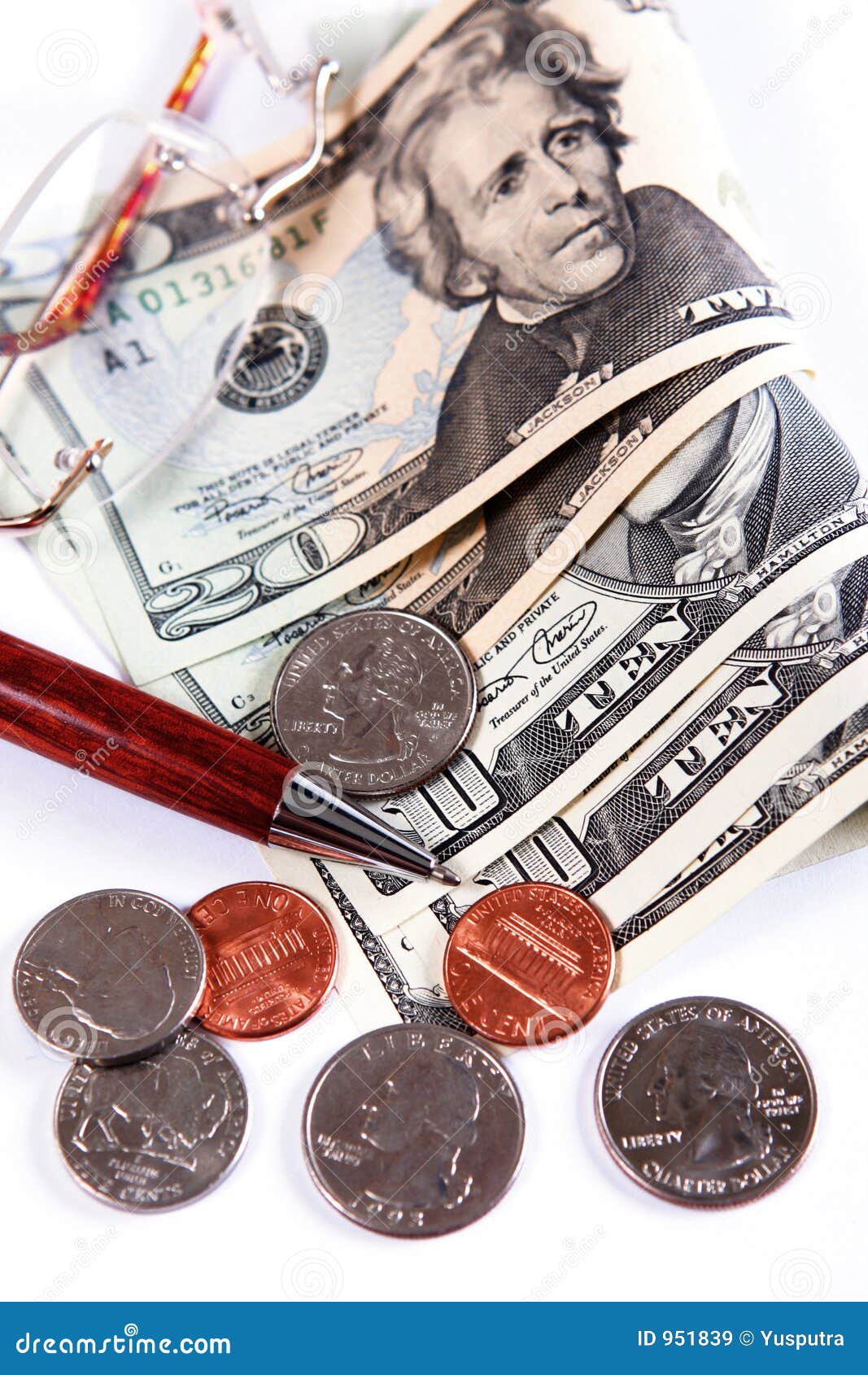 Coins on US currency stock image. Image of banking, note - 951839