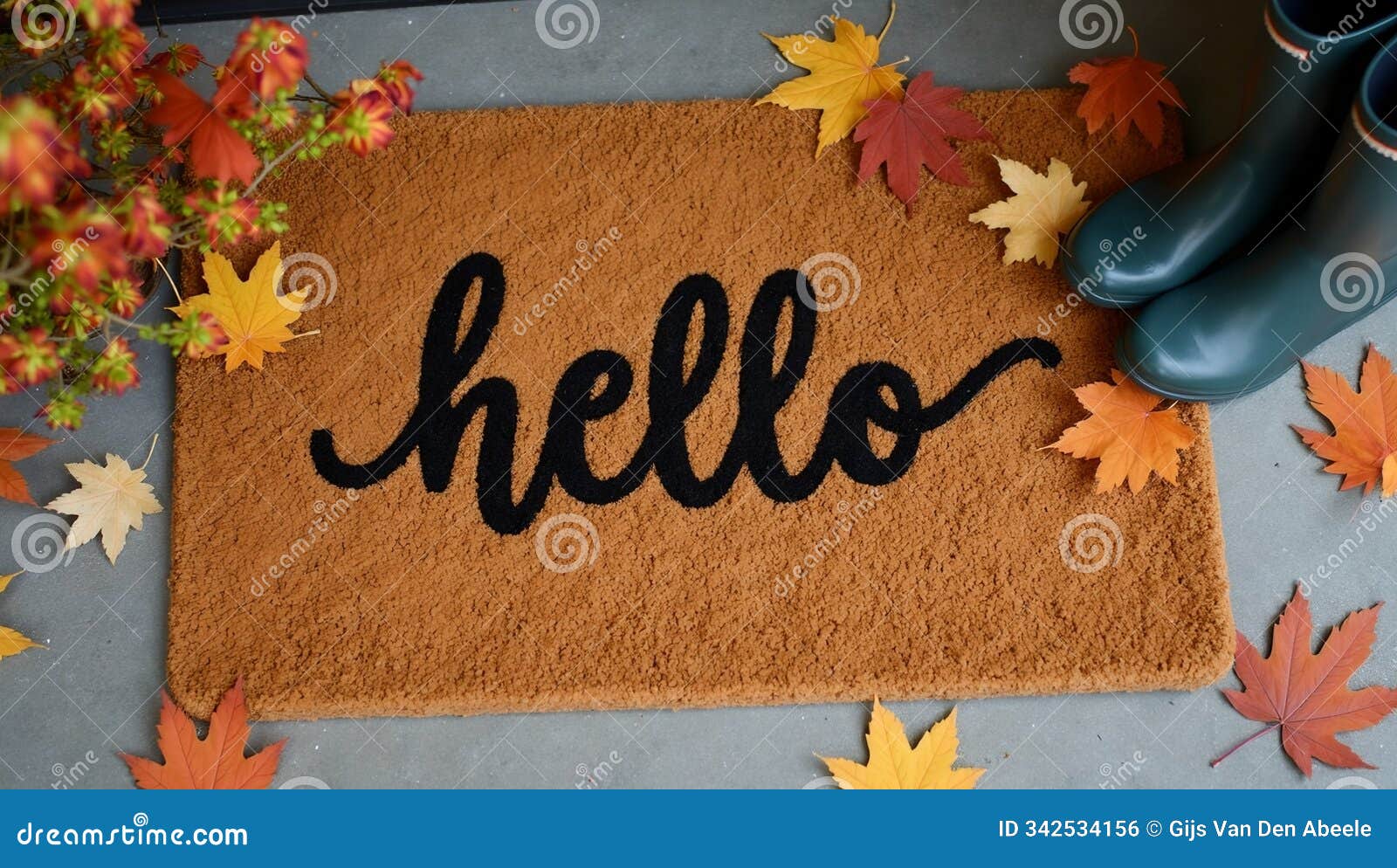 Coir Doormat With Hello In Cursive Autumn Leaves Rain Boots Stock Photo ...
