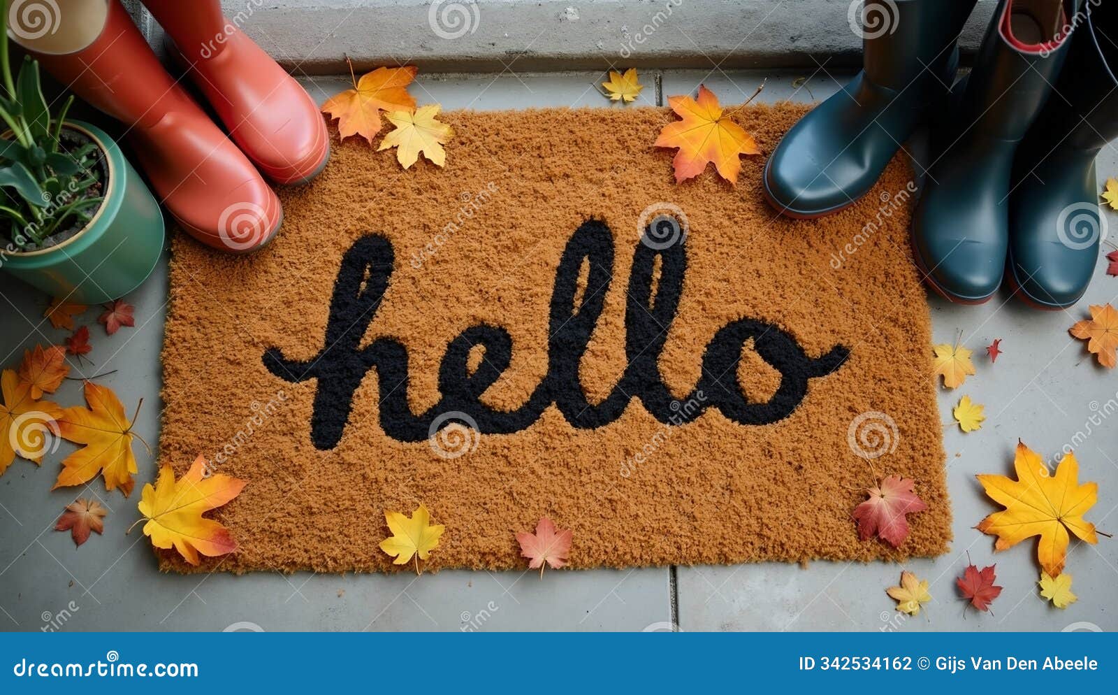 Coir Doormat With Hello In Cursive Autumn Leaves Rain Boots Stock Photo ...