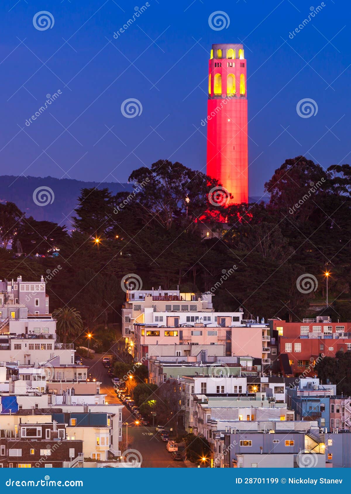 Coit Tower in Red and Gold stock image. Image of cityscape - 28701199