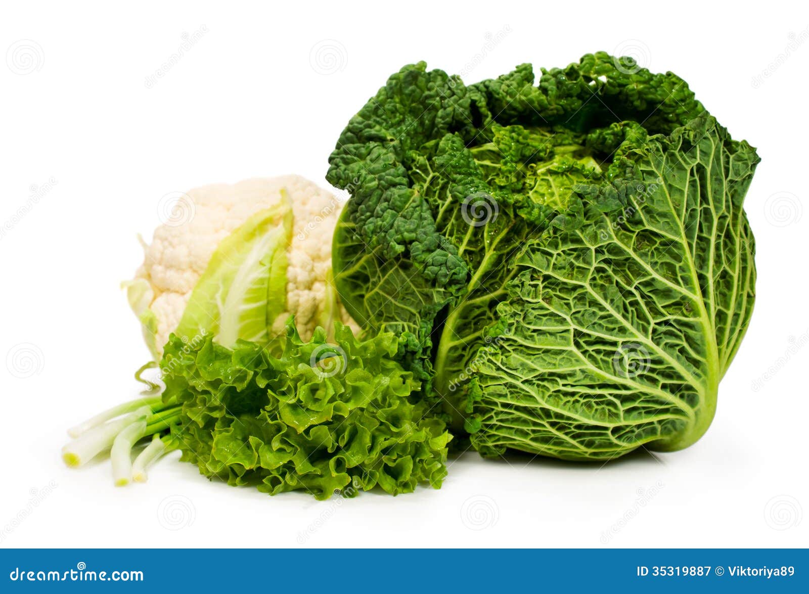 Col Y Coliflor De Col Rizada, Lechuga Y Cebolla Verde Imagen de archivo ...