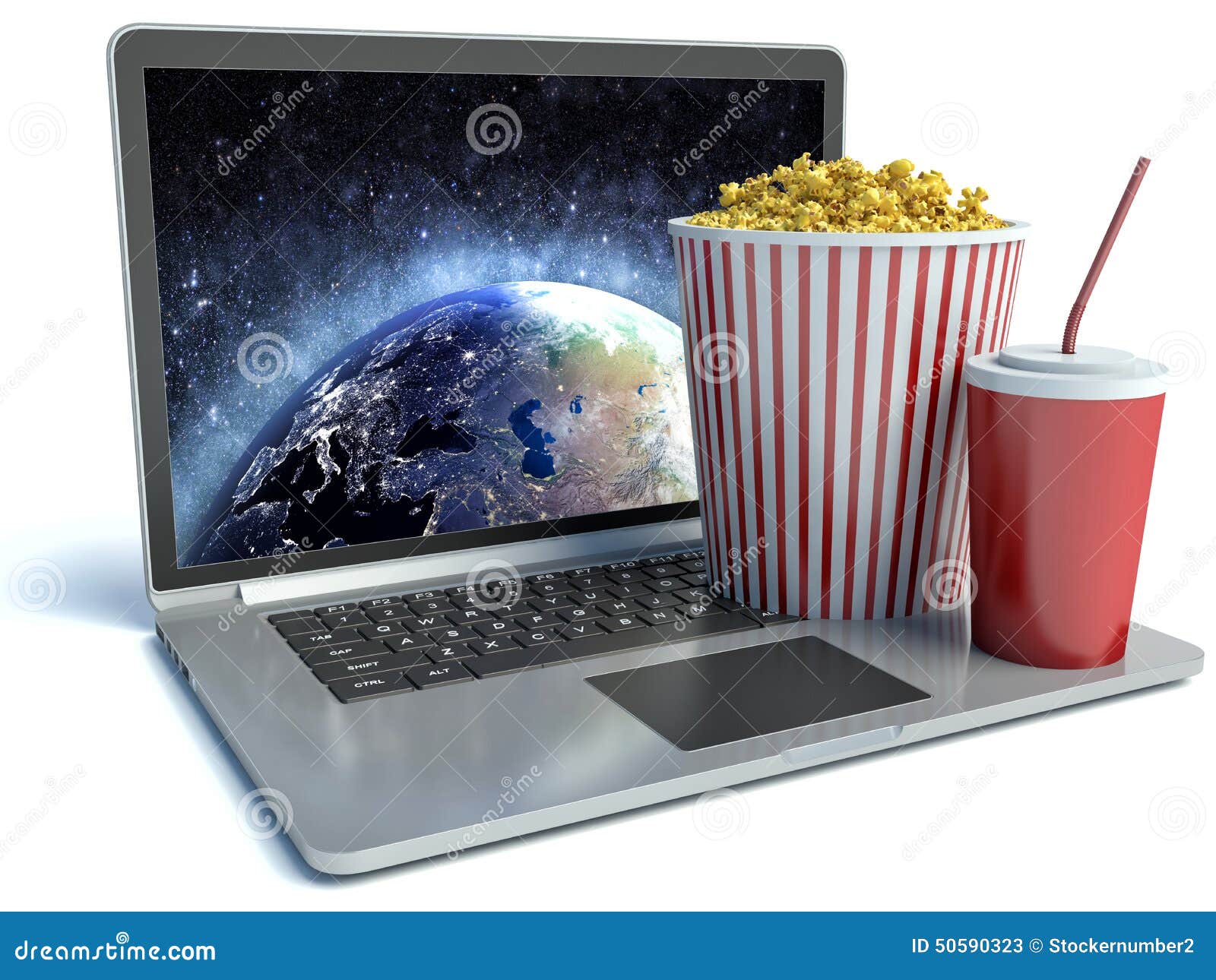 Cola, Popcorn and Laptop. 3d Image Stock Illustration - Illustration of ...
