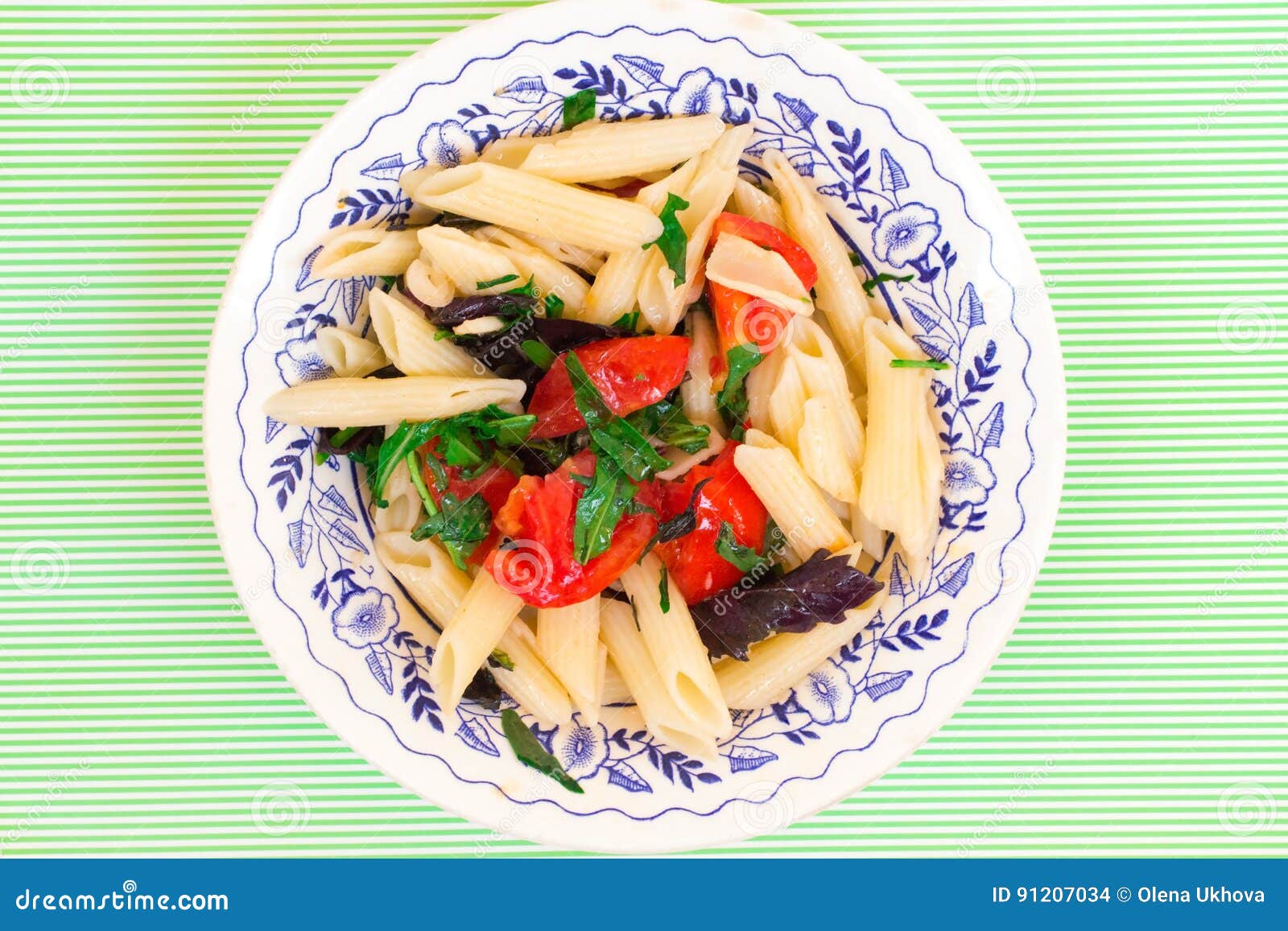 Cold Appetizer of Pasta, Tomato and Basil Stock Photo - Image of ...