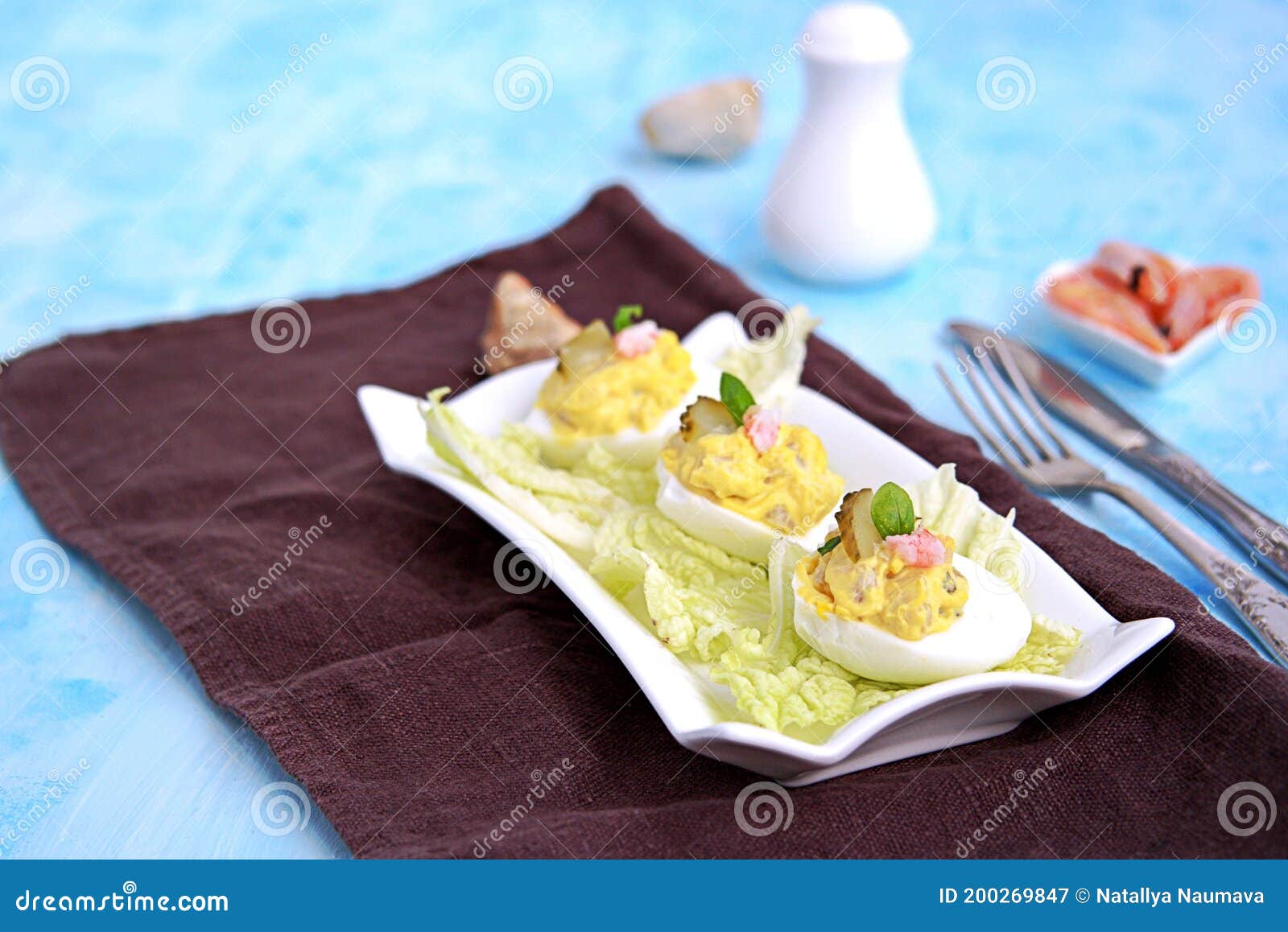 Cold Appetizer, Stuffed Eggs with Shrimps and Pickled Cucumber Stock ...