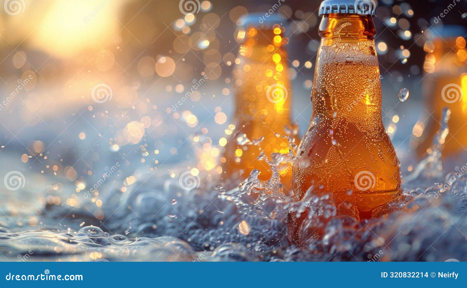 A Cold Beer Bottle in an Explosive Splash, Against a Vivid, Glowing ...
