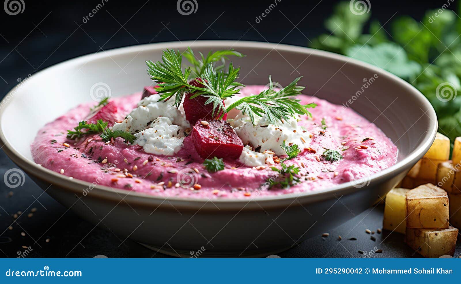 Cold Beet Pink Delicious Soup in Garnished Bowl on Selective Focus ...