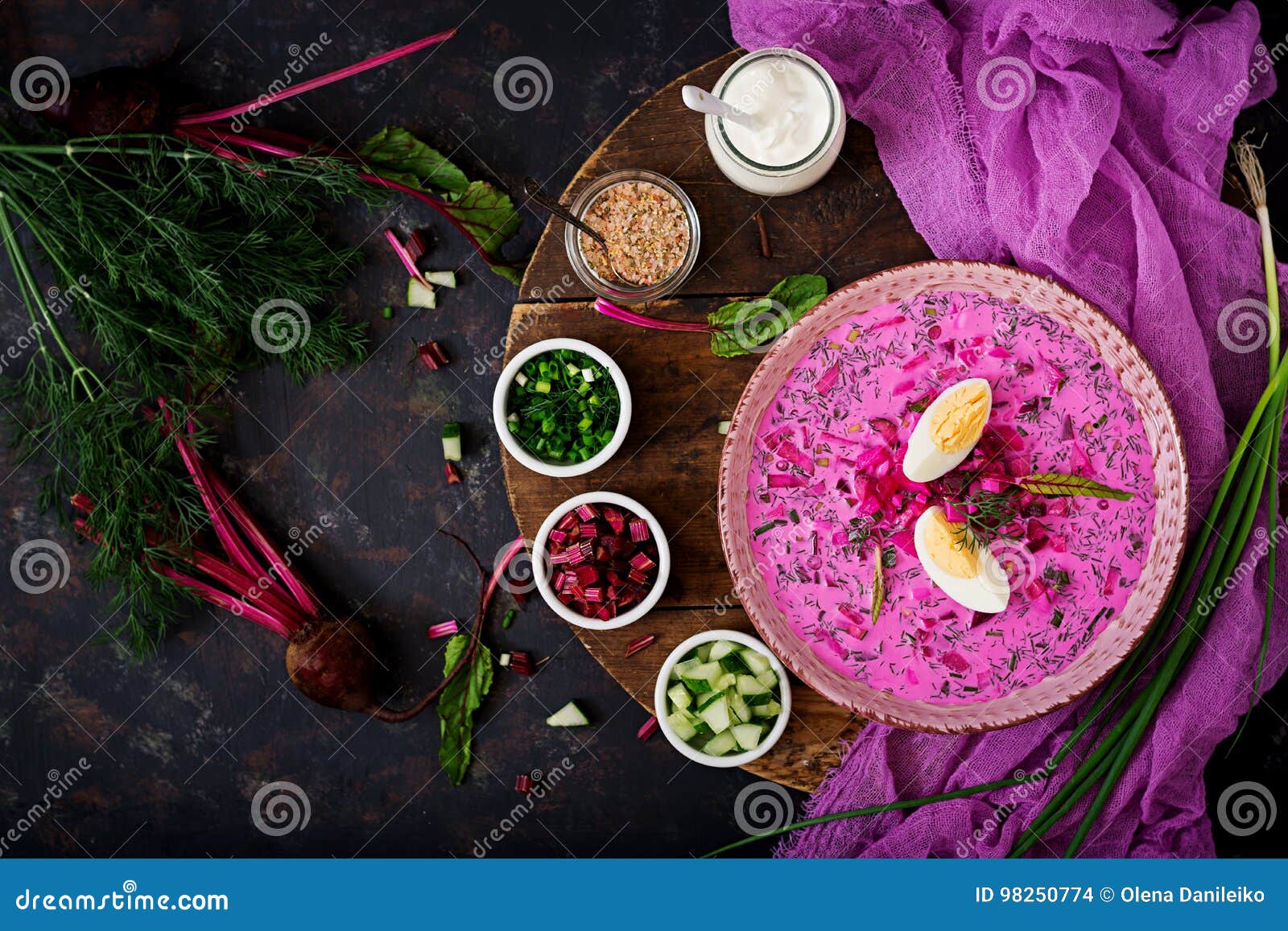 Cold Beetroot Beet Soup on Yogurt with Egg Stock Photo - Image of bowl ...