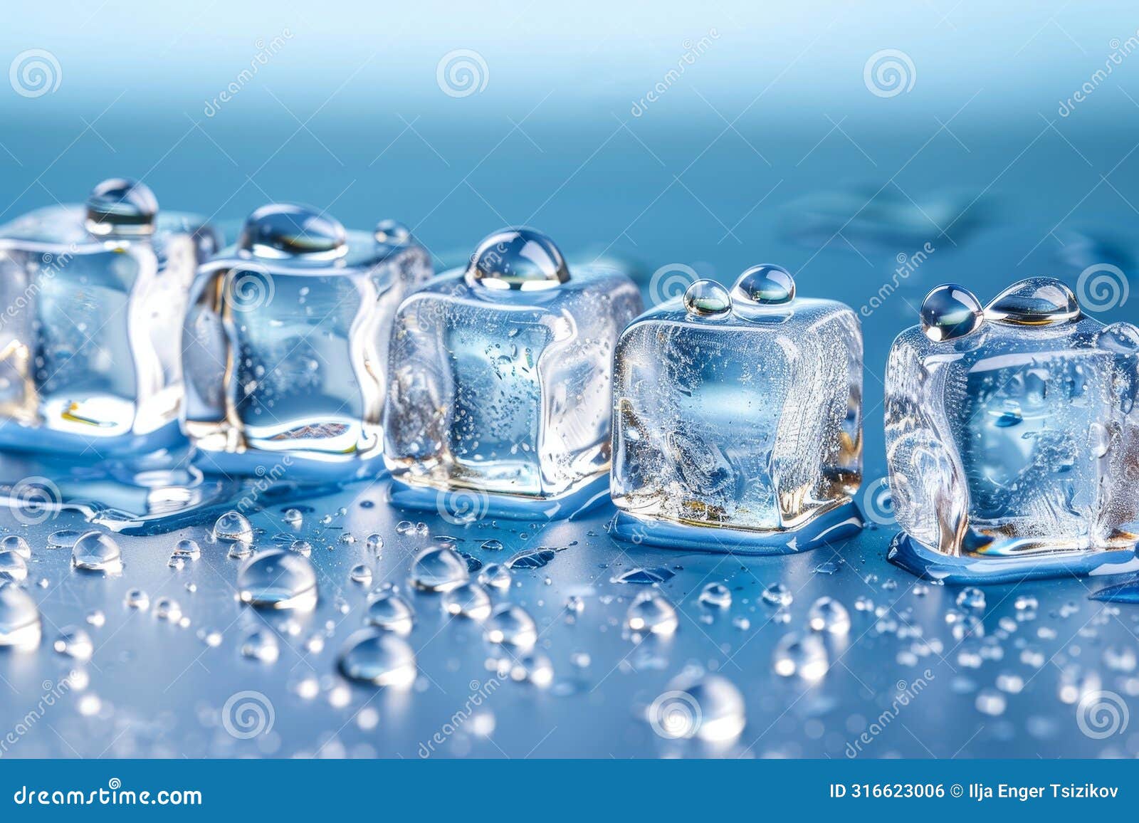 Cold Blue Ice Cubes Banner Panorama on Bluish Background in Light ...