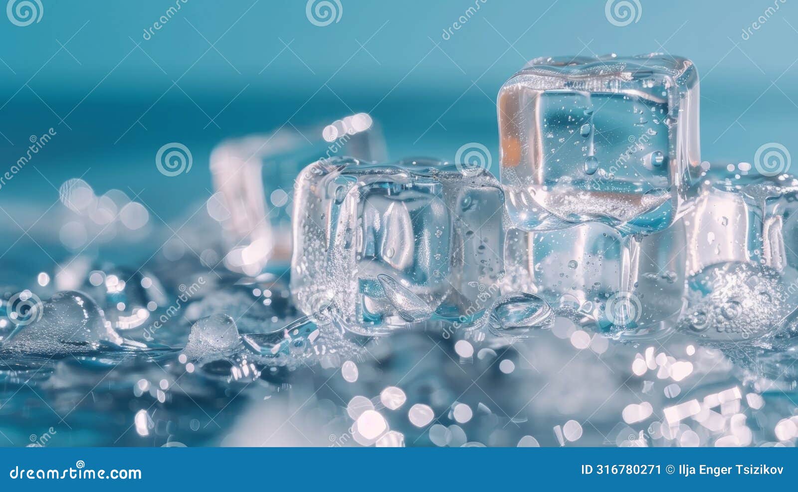 Cold Blue Ice Cubes on Bluish Background Banner in Light Cold Blue ...