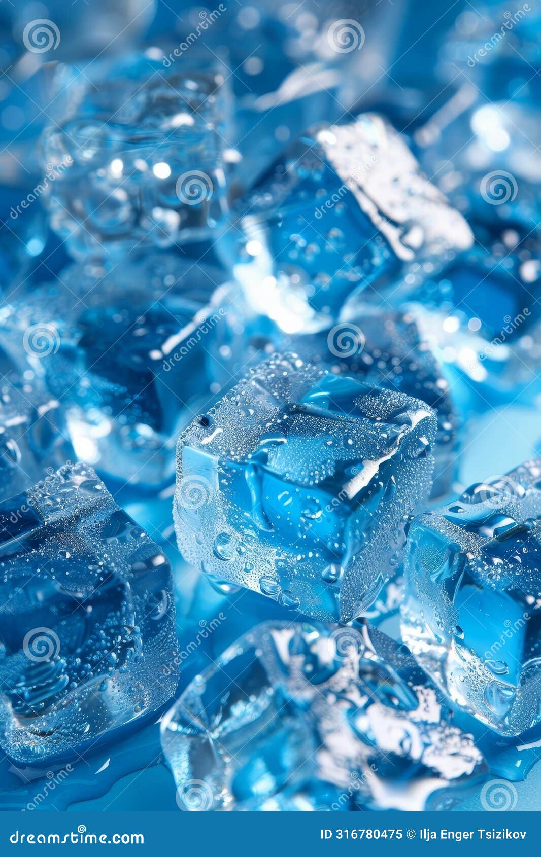 Cold Blue Ice Cubes on Bluish Background Panorama, Ideal for Summer ...