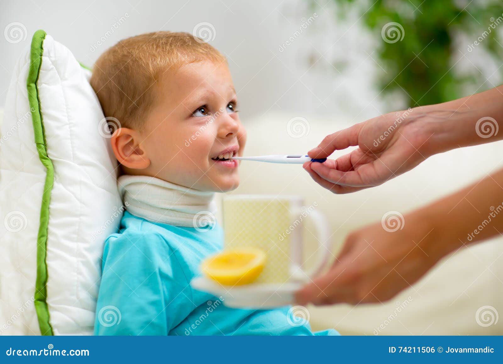 Cold Boy with Flu Measuring Temperature by Thermometer Stock Photo ...