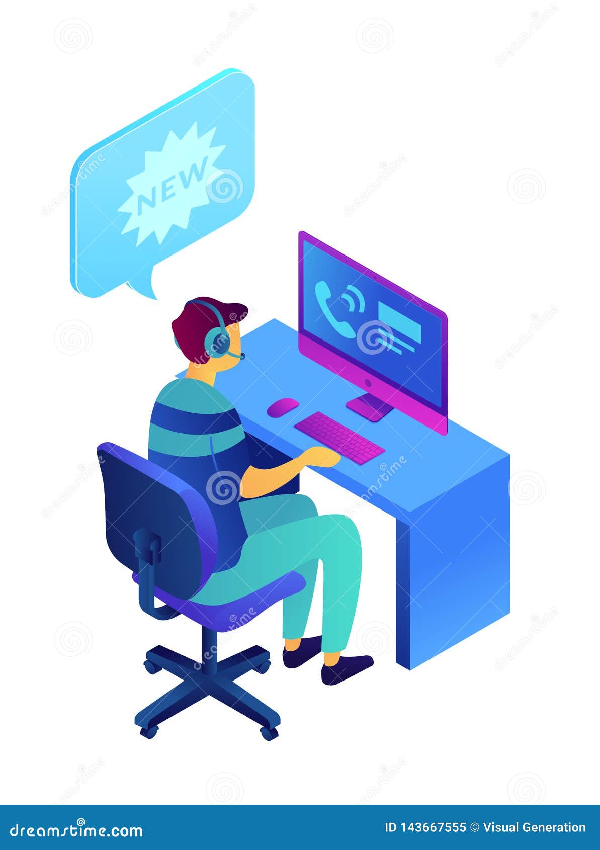 Cold Calling and Operator with Headset Isometric 3D Illustration. Stock ...