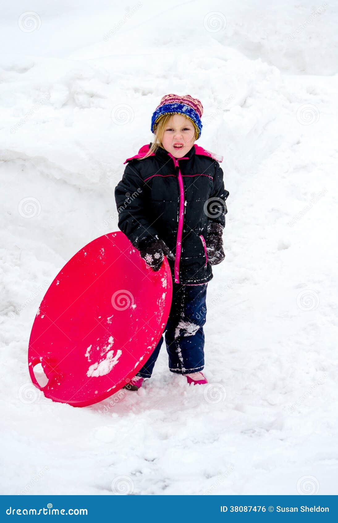 Cold Child in the Snow with Sled Stock Photo - Image of play, caucasian ...