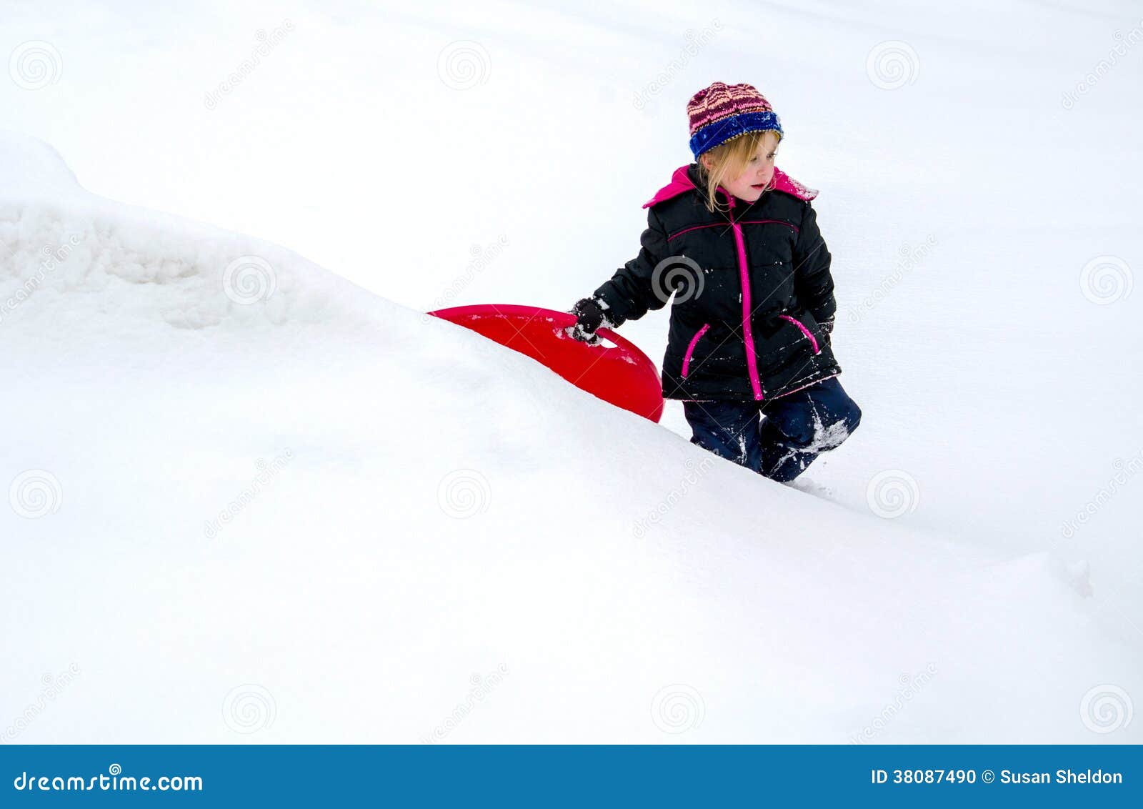 Cold Child Walking in the Snow with Sled Stock Photo - Image of ...