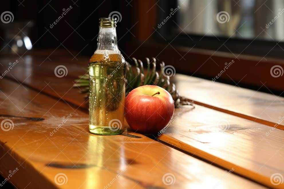 Cold Cider Bottle Sweating on a Pine Table Stock Photo - Image of drink ...